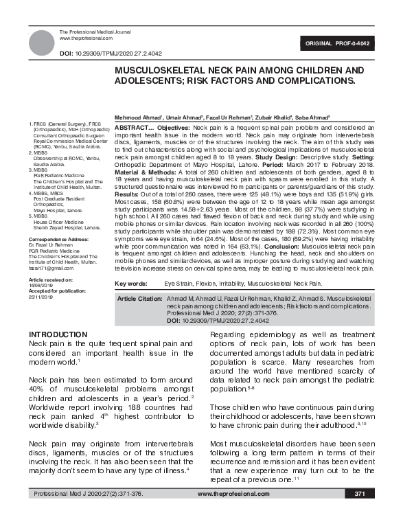 (PDF) Risk factors and complications of Musculoskeletal Neck Pain among ...