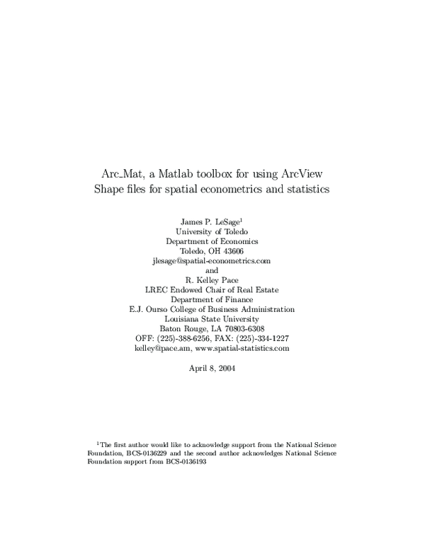 Pdf Arcmat A Toolbox For Using Arcview Shape Files For Spatial Econometrics And Statistics