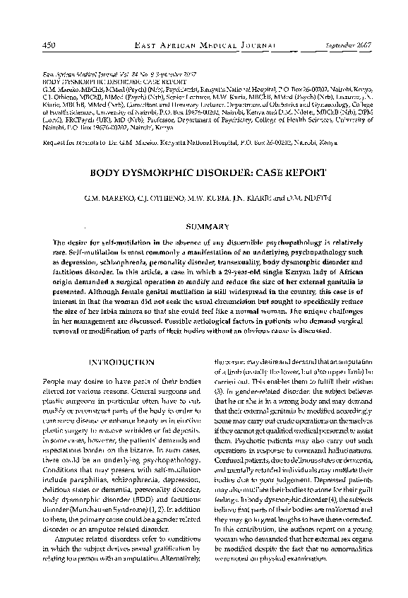 (PDF) Body dysmorphic disorder: case report
