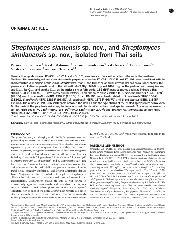 (PDF) Streptomyces siamensis sp. nov., and Streptomyces similanensis sp. nov., isolated from ...