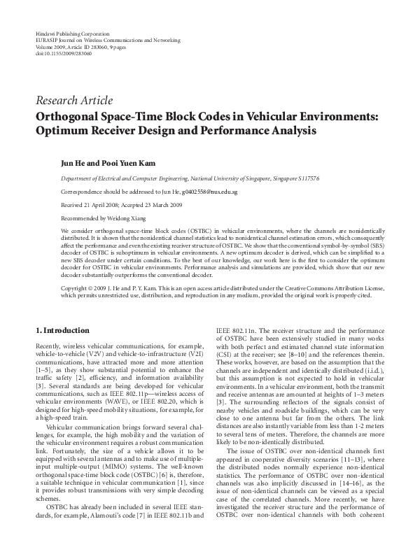 Pdf Orthogonal Space Time Block Codes In Vehicular Environments Optimum Receiver Design And