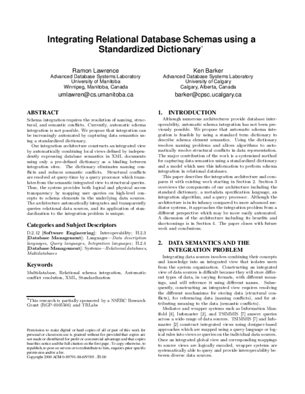 Pdf Integrating Relational Database Schemas Using A Standardized Dictionary 