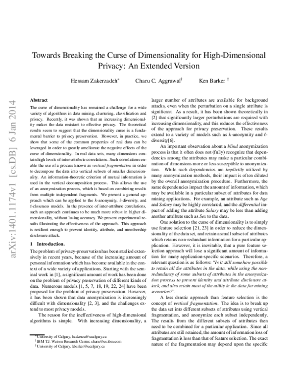 (PDF) Towards Breaking the Curse of Dimensionality for High-Dimensional Privacy: An Extended Version