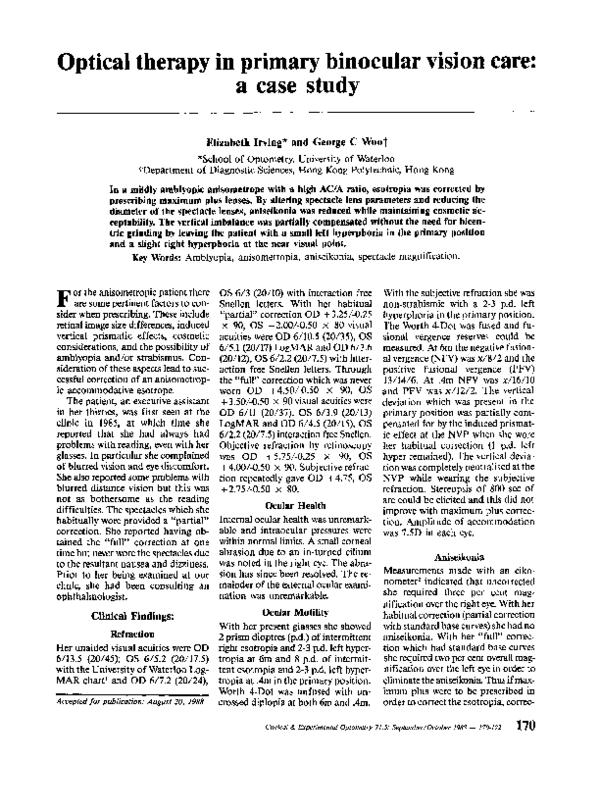 (PDF) Optical therapy in primary binocular vision care: a case study