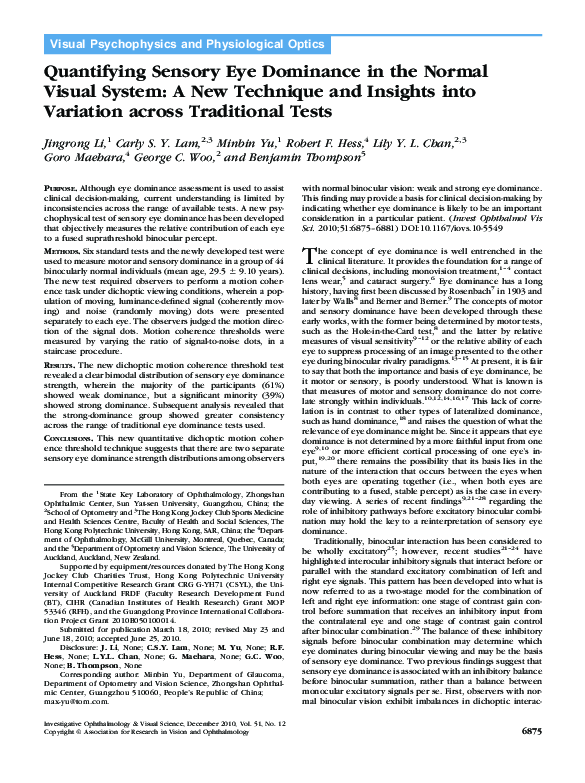 (PDF) Quantifying Sensory Eye Dominance in the Normal Visual System: A ...