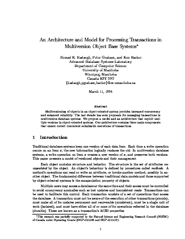 Pdf An Architecture And Model For Processing Transactions In Multiversion Object Base Systems