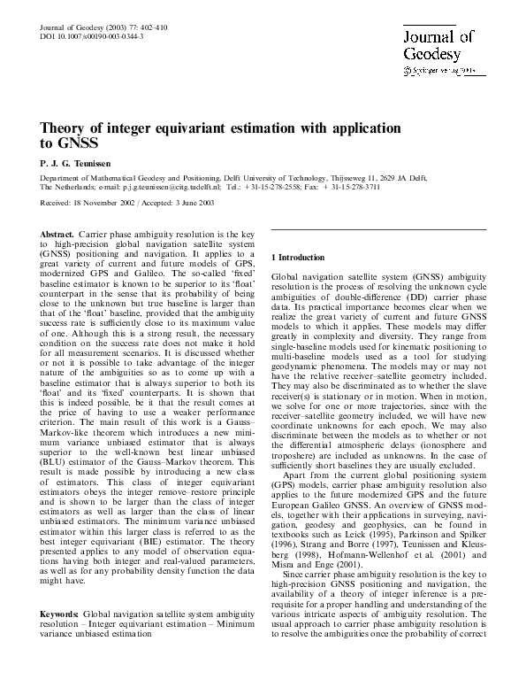 Pdf Theory Of Integer Equivariant Estimation With Application To Gnss
