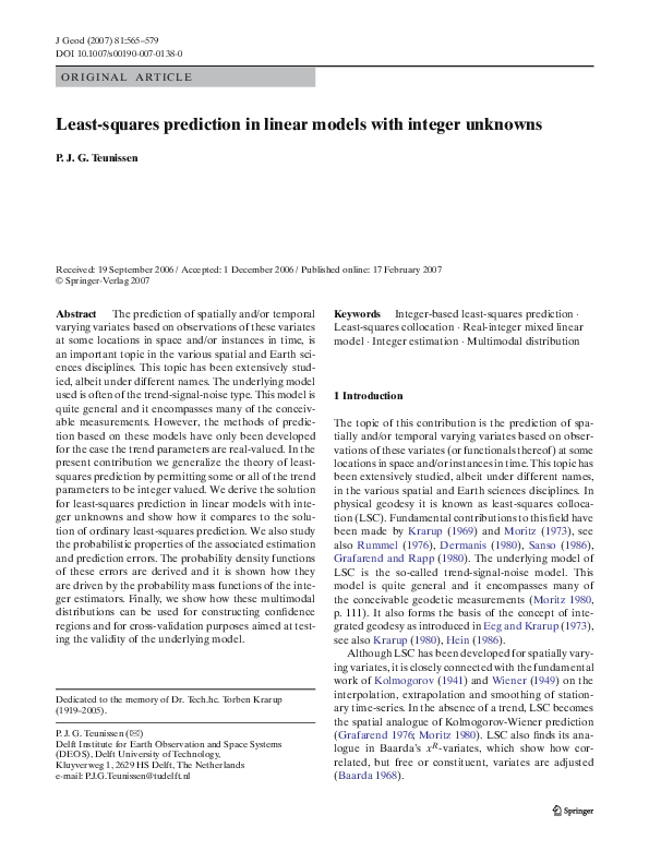 (PDF) Least-squares prediction in linear models with integer unknowns | Peter Teunissen ...