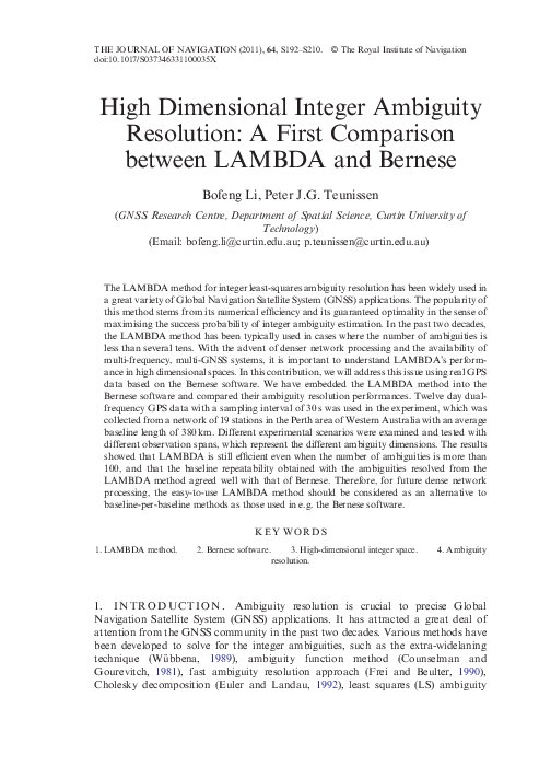 Pdf High Dimensional Integer Ambiguity Resolution A First Comparison Between Lambda And Bernese
