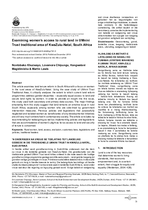(PDF) Examining women’s access to rural land in UMnini Trust ...