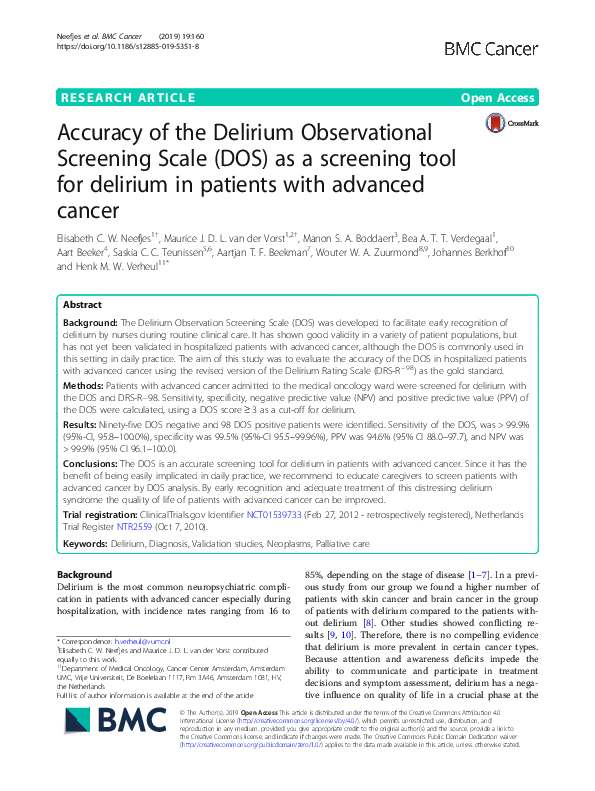 (PDF) Accuracy of the Delirium Observational Screening Scale (DOS) as a ...