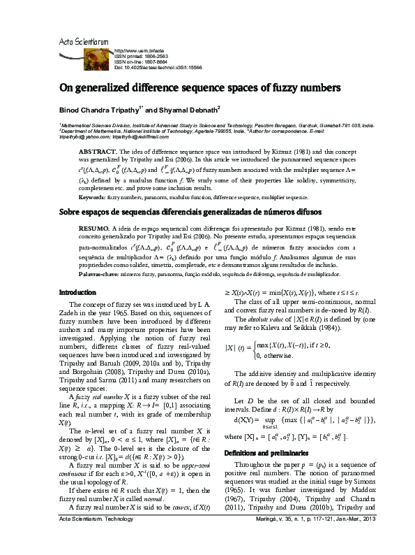 Pdf On Generalized Difference Sequence Spaces Of Fuzzy Numbers 