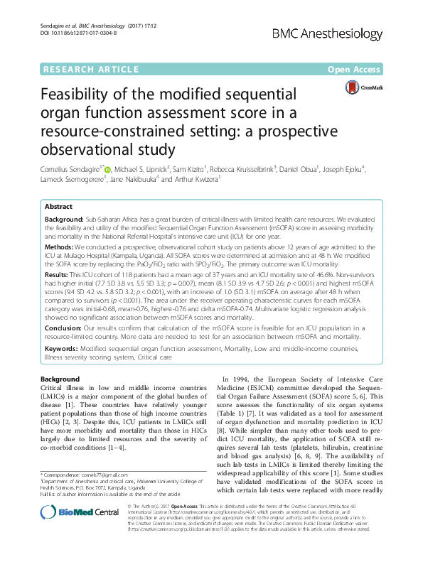 (PDF) Feasibility of the modified sequential organ function assessment ...