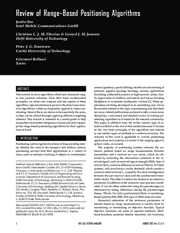 Pdf Review Of Range Based Positioning Algorithms