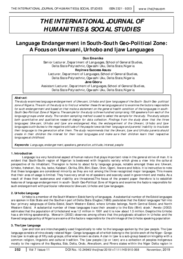(PDF) Language Endangerment in South-South Geo-Political Zone: A Focus ...