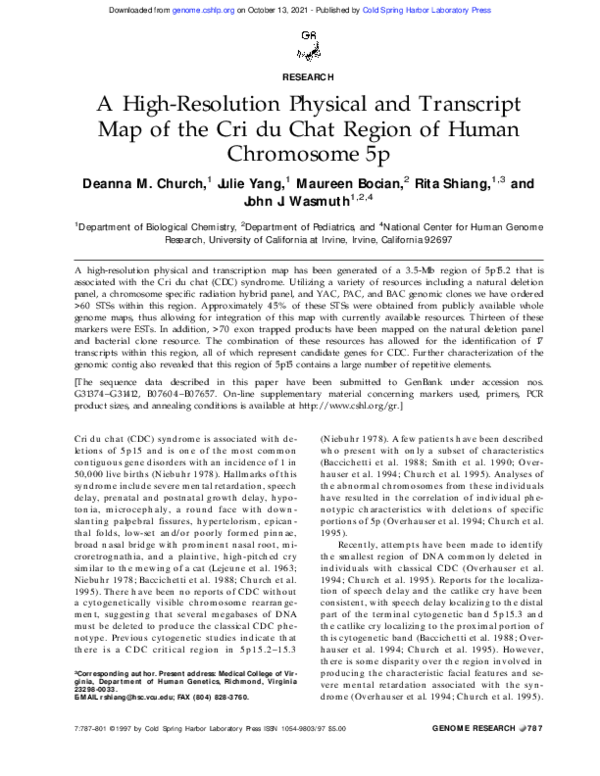 (PDF) A high-resolution physical and transcript map of the Cri du chat region of human chromosome 5p