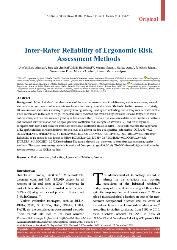 (DOC) Inter-Rater Reliability of Ergonomic Risk Assessment Methods