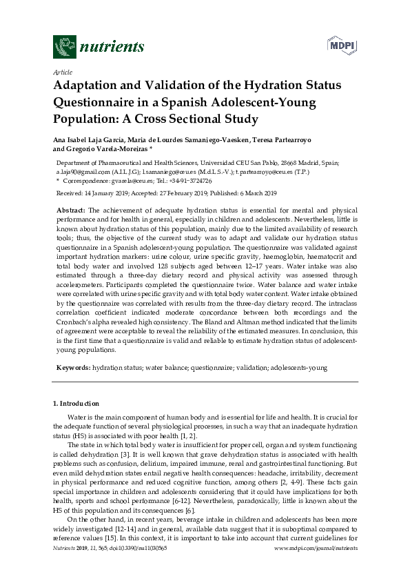 (PDF) Adaptation and Validation of the Hydration Status Questionnaire ...