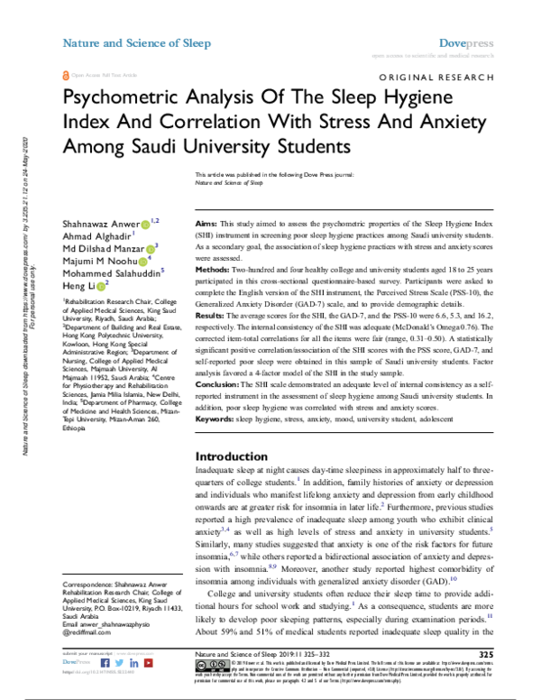 (PDF) Psychometric Analysis Of The Sleep Hygiene Index And Correlation ...