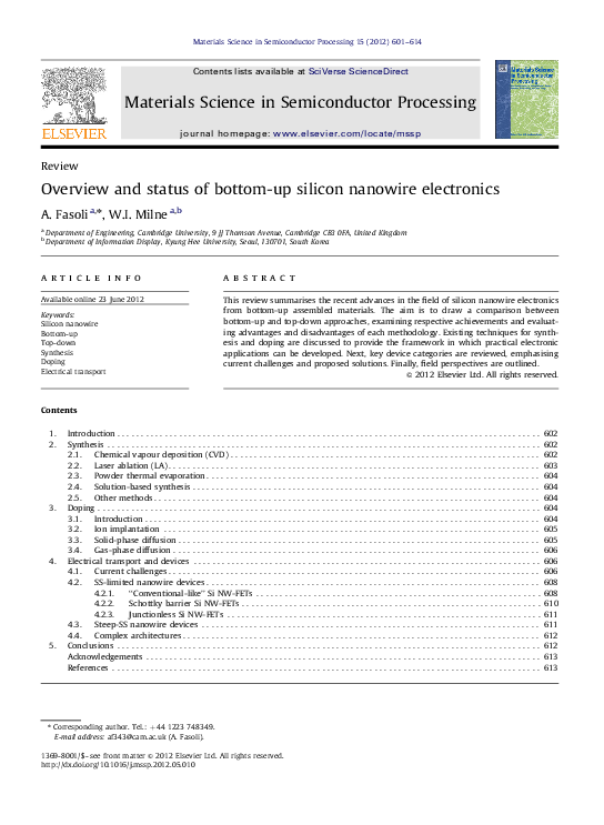 (PDF) Overview and status of bottom-up silicon nanowire electronics
