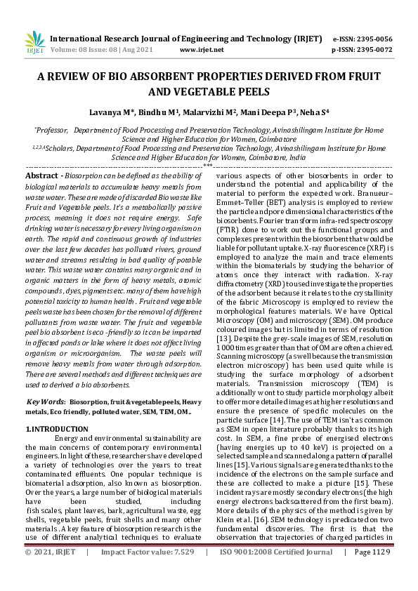 (PDF) IRJET- A REVIEW OF BIO ABSORBENT PROPERTIES DERIVED FROM FRUIT ...