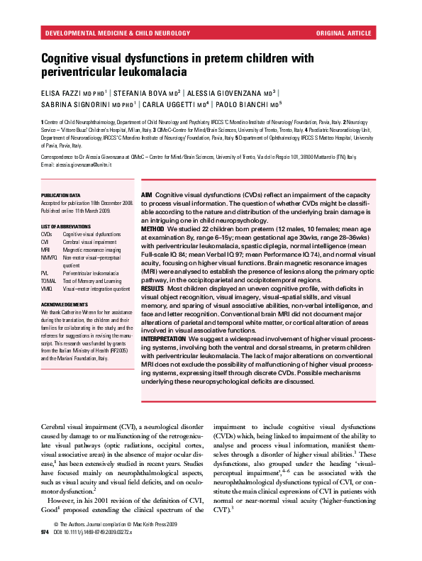 (PDF) Cognitive visual dysfunctions in preterm children with ...