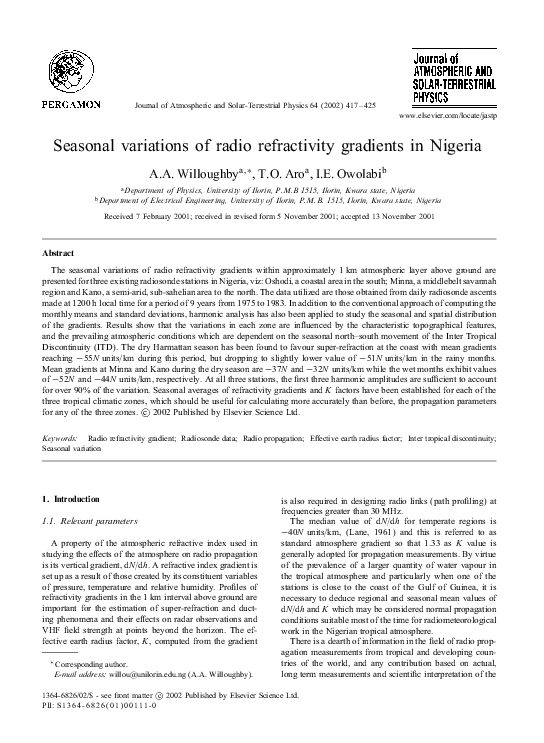 (PDF) Seasonal variations of radio refractivity gradients in Nigeria