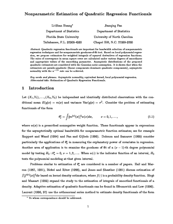 Pdf Nonparametric Estimation Of Quadratic Regression Functionals Li Shan Huang