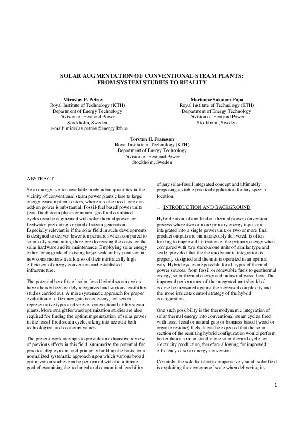 (PDF) Solar Augmentation of Conventional Steam Plants: from System ...
