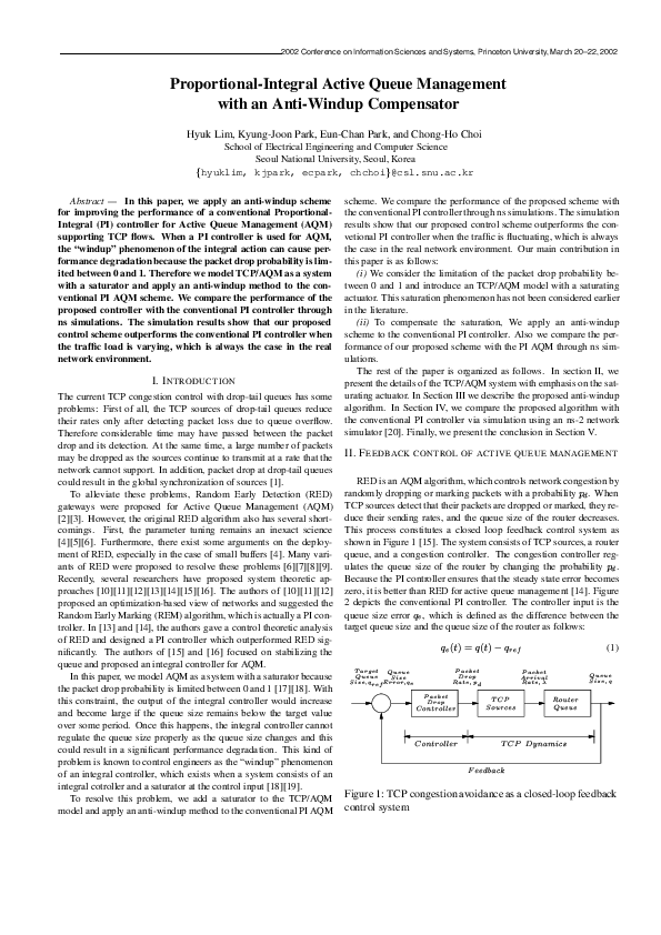 Pdf Proportional Integral Active Queue Management With An Anti Windup