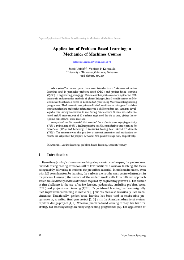 (PDF) Application of Problem Based Learning in Mechanics of Machines Course