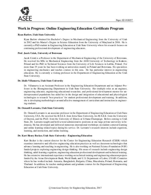 (PDF) Work in Progress: Online Engineering Education Certificate Program