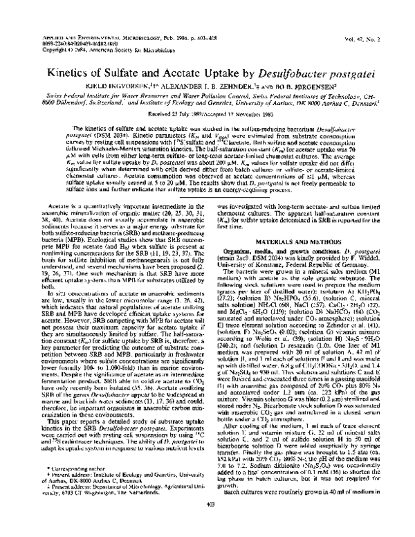 (PDF) Kinetics of sulfate and acetate uptake by Desulfobacter postgatei