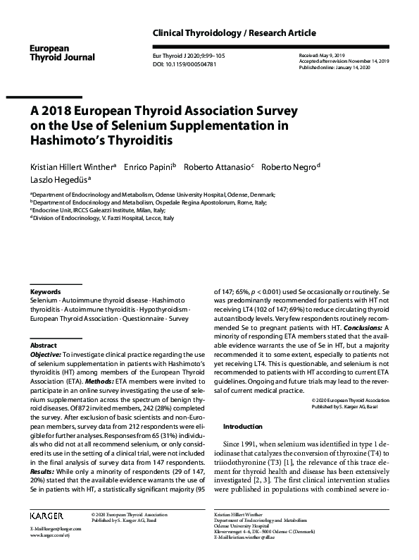 (PDF) A 2018 European Thyroid Association Survey on the Use of Selenium Supplementation in ...