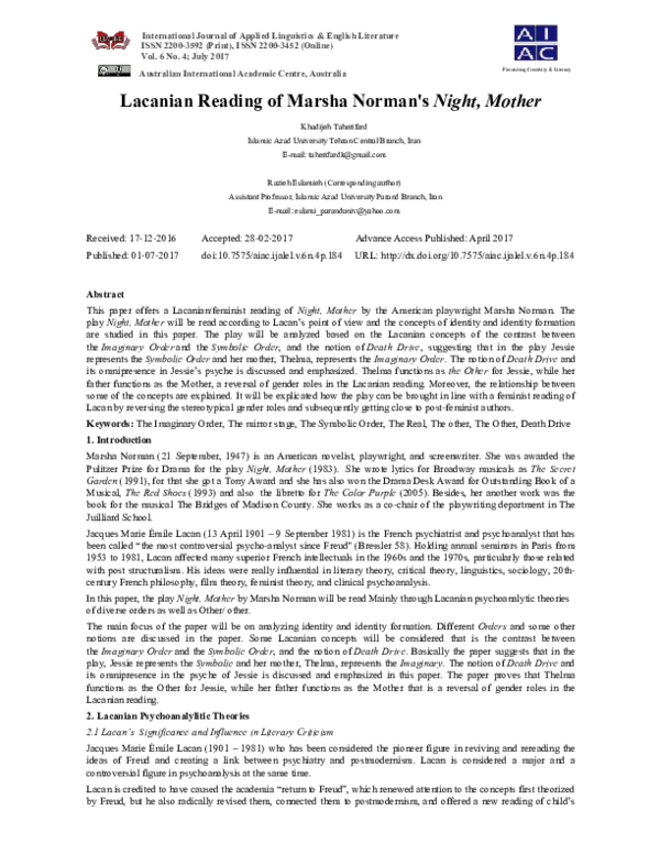 (PDF) Lacanian Reading of Marsha Norman's Night, Mother