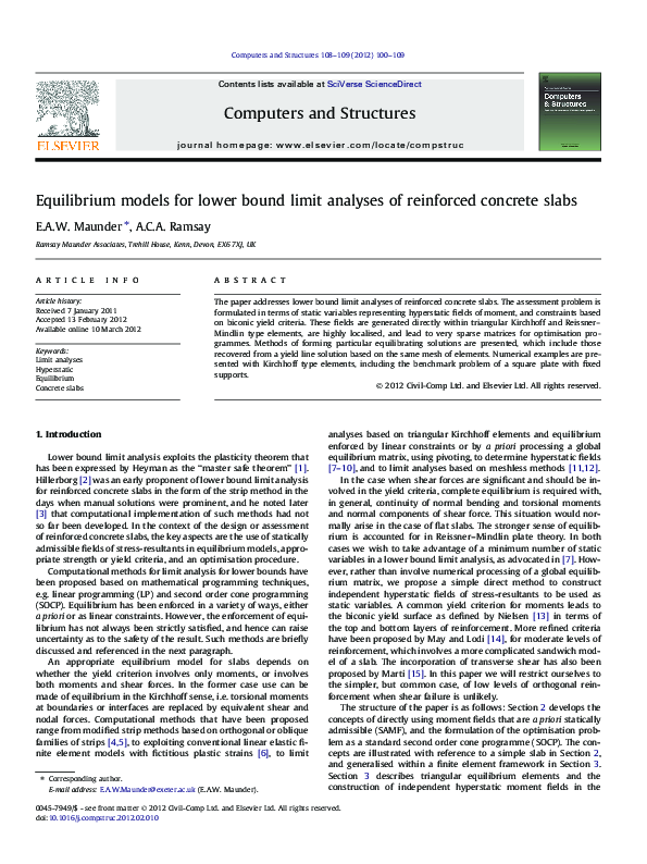 (PDF) Equilibrium models for lower bound limit analyses of reinforced concrete slabs