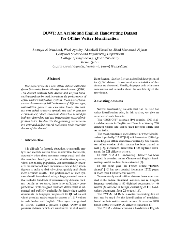 (PDF) QUWI: An Arabic and English Handwriting Dataset for Offline ...