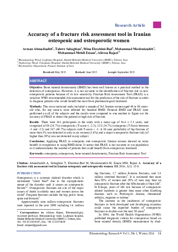 (PDF) Accuracy of a fracture risk assessment tool in Iranian osteopenic ...