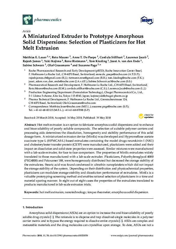 (PDF) A Miniaturized Extruder to Prototype Amorphous Solid Dispersions: Selection of ...