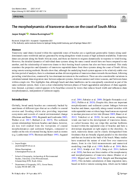 (PDF) The morphodynamics of transverse dunes on the coast of South Africa