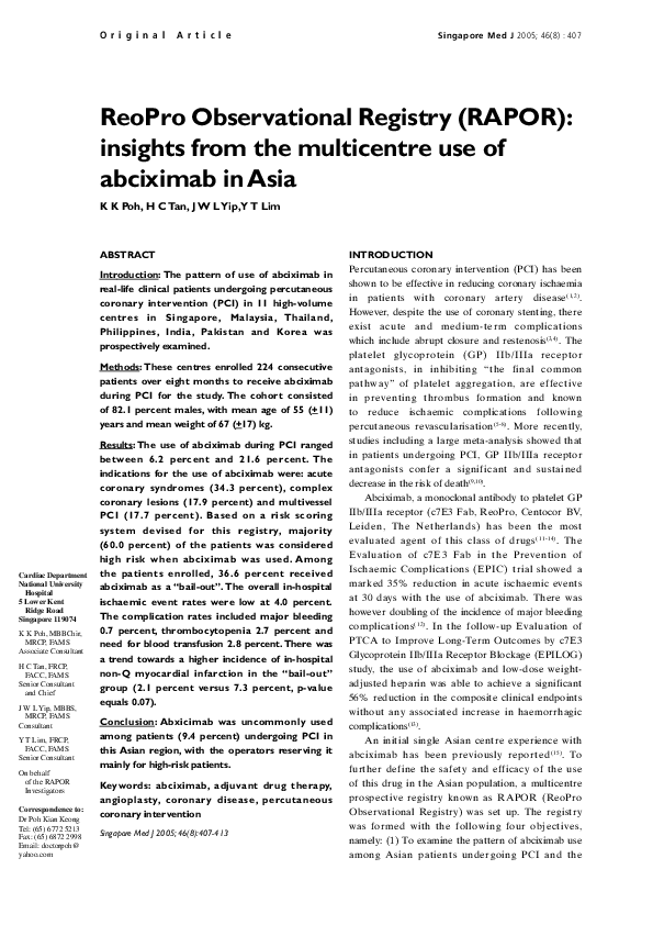 (PDF) ReoPro Observational Registry (RAPOR): insights from the ...