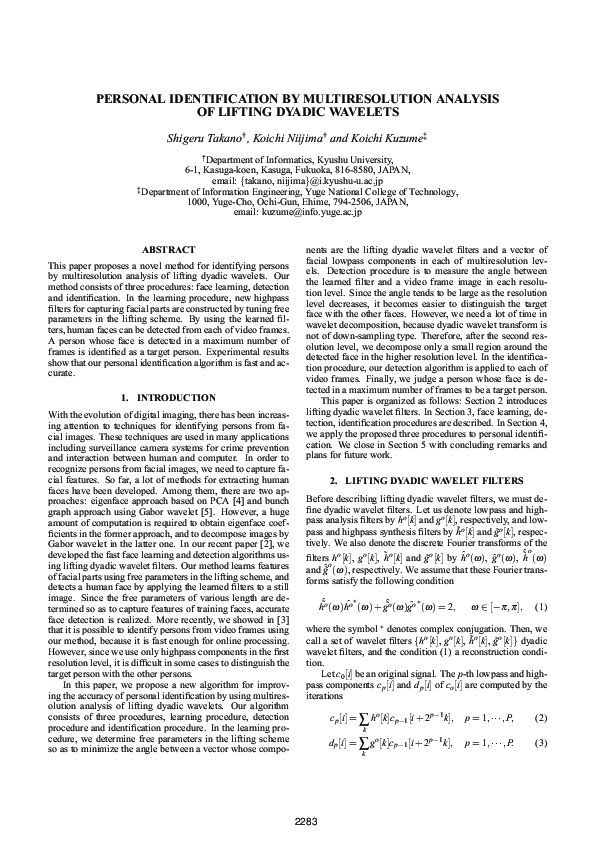 (PDF) Personal identification by multiresolution analysis of lifting dyadic wavelets