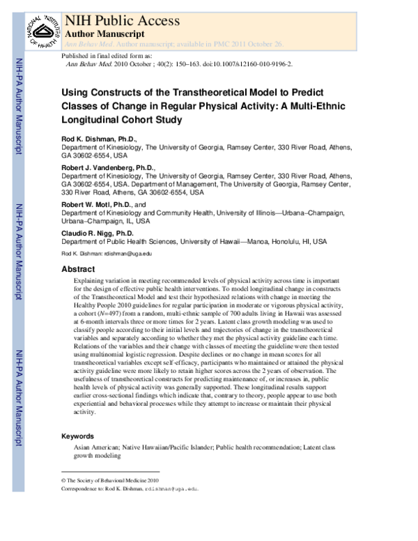 (PDF) Using Constructs of the Transtheoretical Model to Predict Classes ...