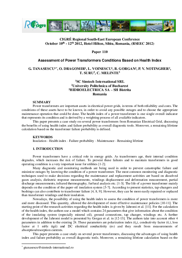 Pdf Assessment Of Power Transformers Conditions Based On Health Index
