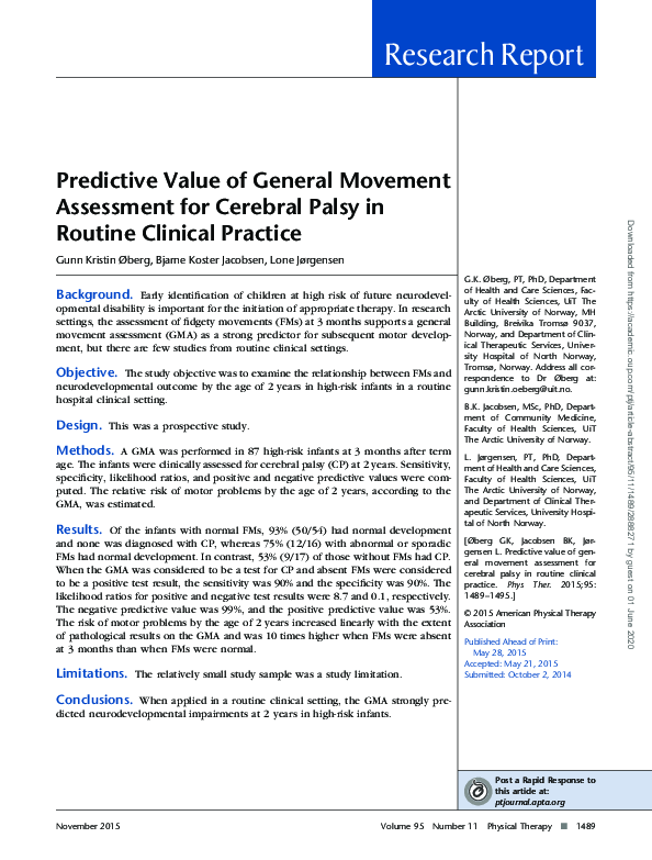(PDF) Predictive Value of General Movement Assessment for Cerebral ...