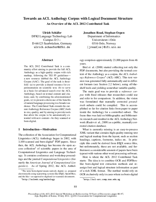 Pdf Towards An Acl Anthology Corpus With Logical Document Structure An Overview Of The Acl