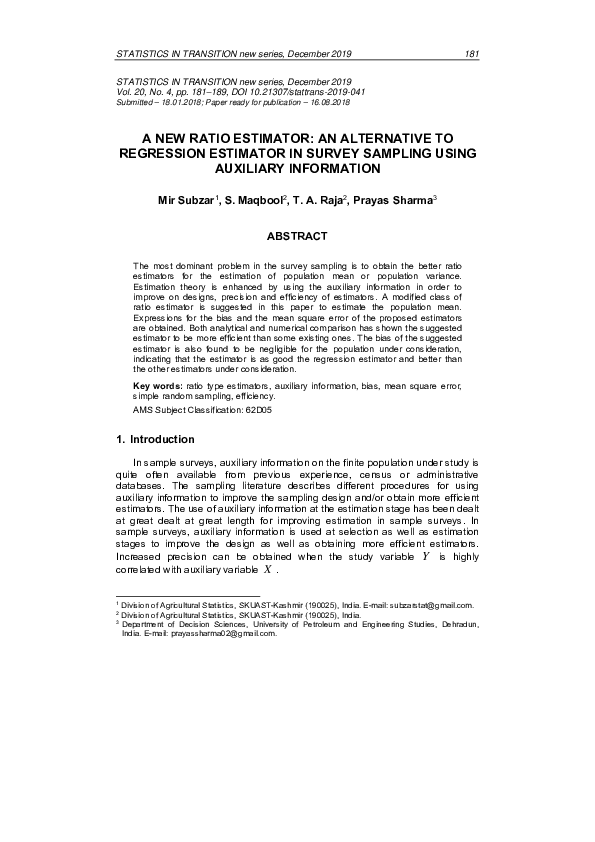 (PDF) Enhanced Ratio Estimator for Survey Sampling