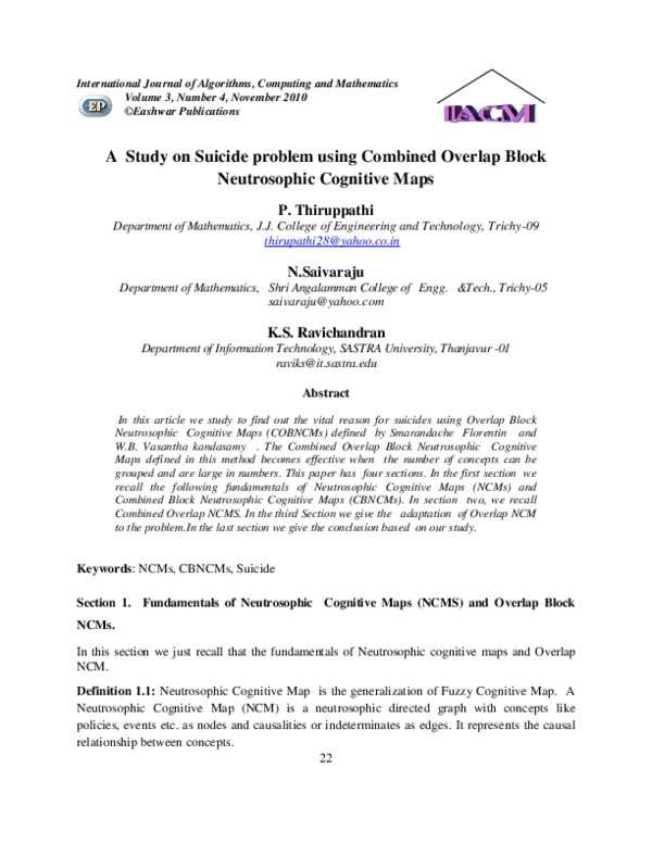 (PDF) A Study on Suicide problem using Combined Overlap Block Neutrosophic Cognitive Maps