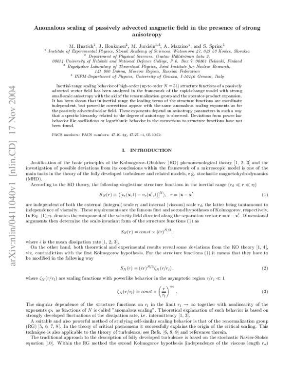 (PDF) Anomalous scaling of passively advected magnetic field in the presence of strong anisotropy