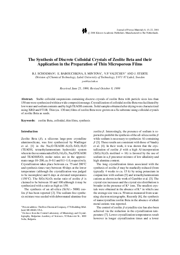 (PDF) The synthesis of discrete colloidal crystals of zeolite beta and ...